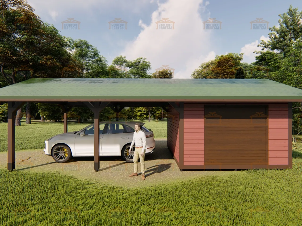 Навес для машины с хозблоком МАРКОС – заказать под ключ в Москве